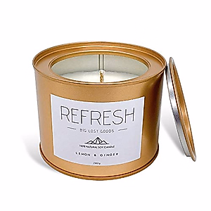 BIG LOST GOODS Refresh Candle | Lemon & Ginger Scented | 10 Oz Tin Made with 100% Soy Wax and Natural Essential Oils || Use for: Energy, Rejuvenation, Positivity, and Revitalization