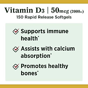 Vitamin D by Nature's Bounty, Supports Immune Health & Bone Health, 2000IU Vitamin D3, 150 Softgels ,150 Count (Pack of 1)