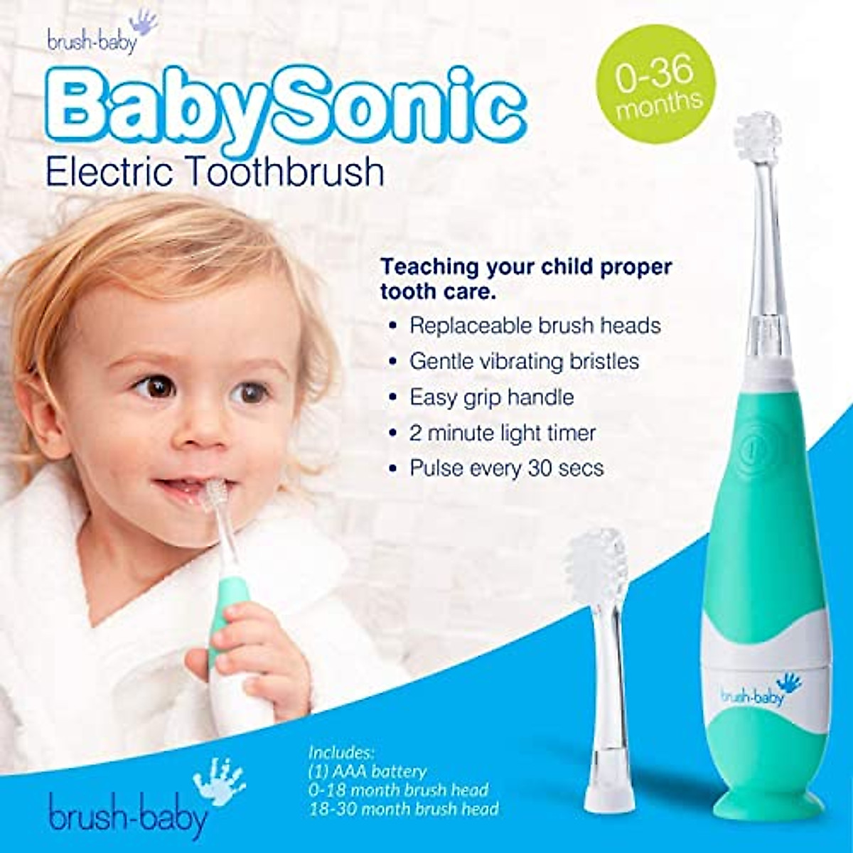 brush-baby BabySonic Infant and Toddler Electric Toothbrush for Ages 0-3 Years - Smart LED Timer and Gentle Vibration Provide a Fun Brushing Experience - Includes 2 Sensitive Brush Heads (Teal)