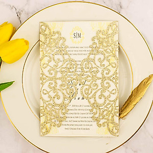 50Sets 5x7 inch 250gsm Light Gold Glitter Wedding Invitations Cards with Envelopes Laser Cut Greeting invites 4 Birthday Bridal Show