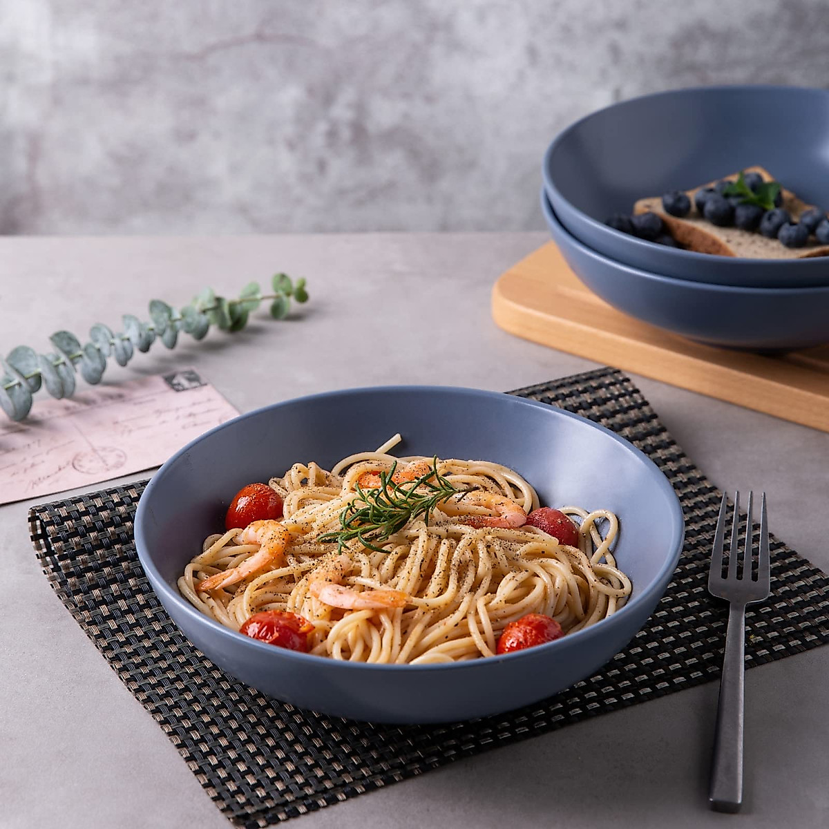 AmorArc 8.75‘’ Large Pasta Bowls, 42 ounce Wide Stoneware Bowls Set of 4 for Kitchen, Deep Bowls for Pasta/Salad/Fruit/Otmeal/Soup, Microwave&Dishwasher Safe-Matte Blue