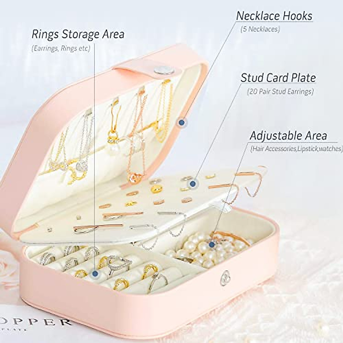 JOCOSA Travel Jewelry Box, Jewelry Organizer for Women Girls, Adjustable Storage Case for Earrings Necklaces Rings, Gift for Christmas Birthday Valentine's Day Mother's Day (Pink)