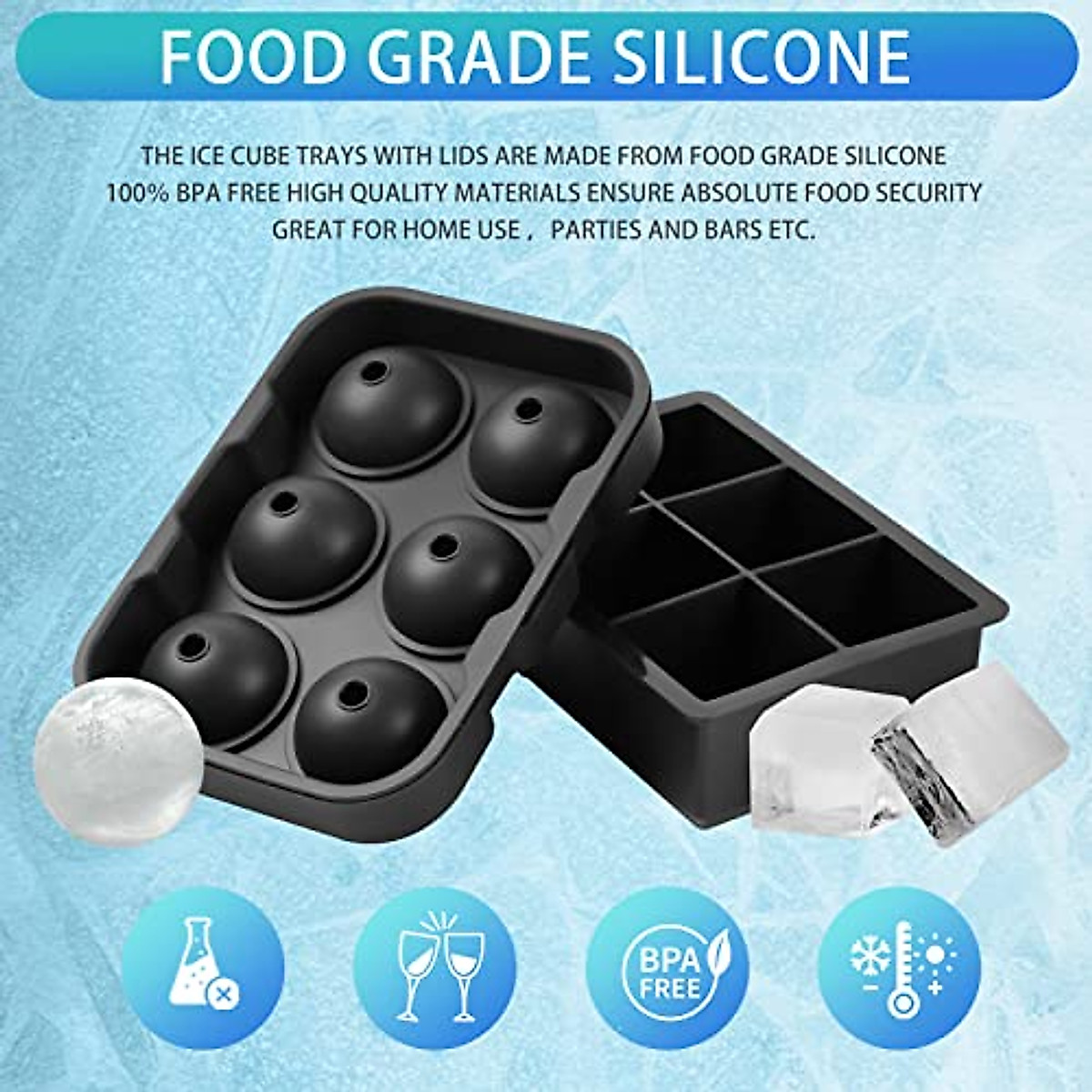 ALLTOP Ice Cube Trays(Set of 2),Sphere Mold with Lid & Large Square Ice Maker for Whiskey, Cocktails,Reusable Round Silicone Tools, DIY,Freezer-Black