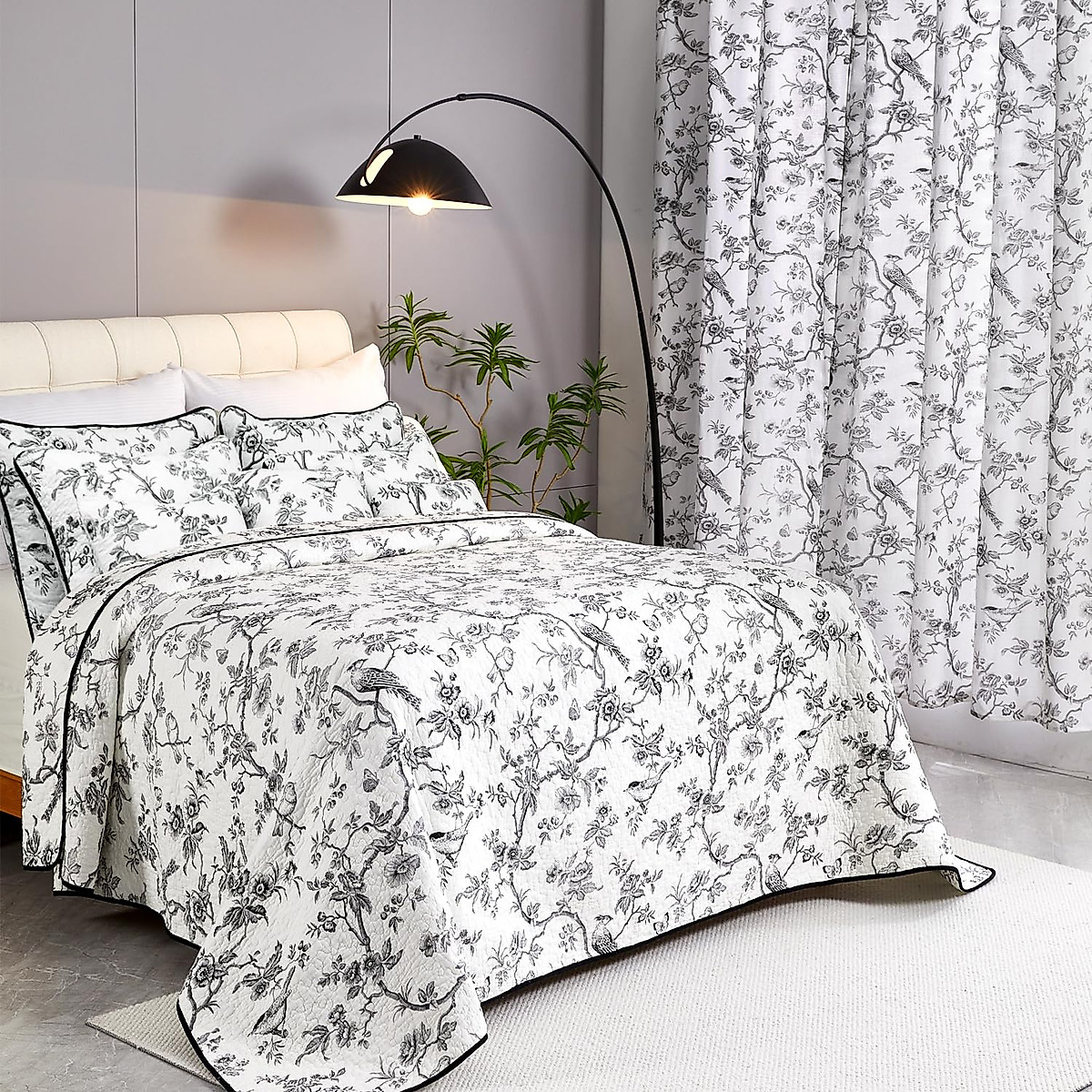 EVENHUG 100% Cotton Quilt Queen Size Black Bird Bedding Set Double Printing Lightweight Quilt Reversible Coverlet Bedspread with Pillow Shams All Seasons 3 Pieces (92"x96")