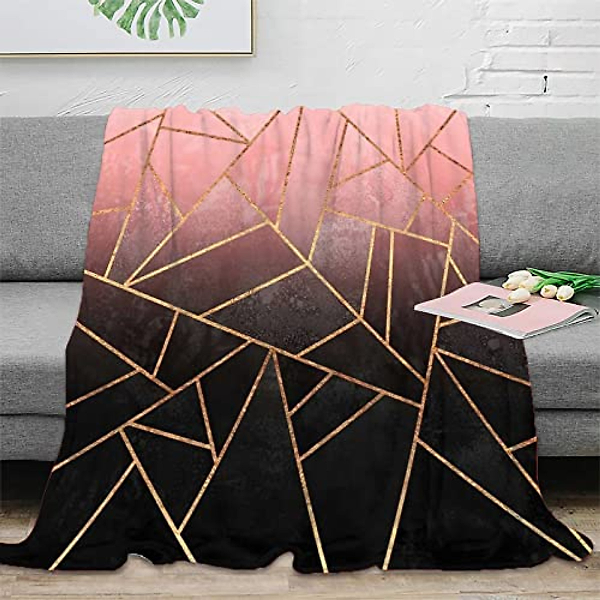 fucyBu Marble Blanket,Pink Black Gradient Stone Surface Gold Line Geometric Marble Throw Blanket,Home Durable Blanket,60x80inch(150x200cm) Blankets for Sofa Couch Travel