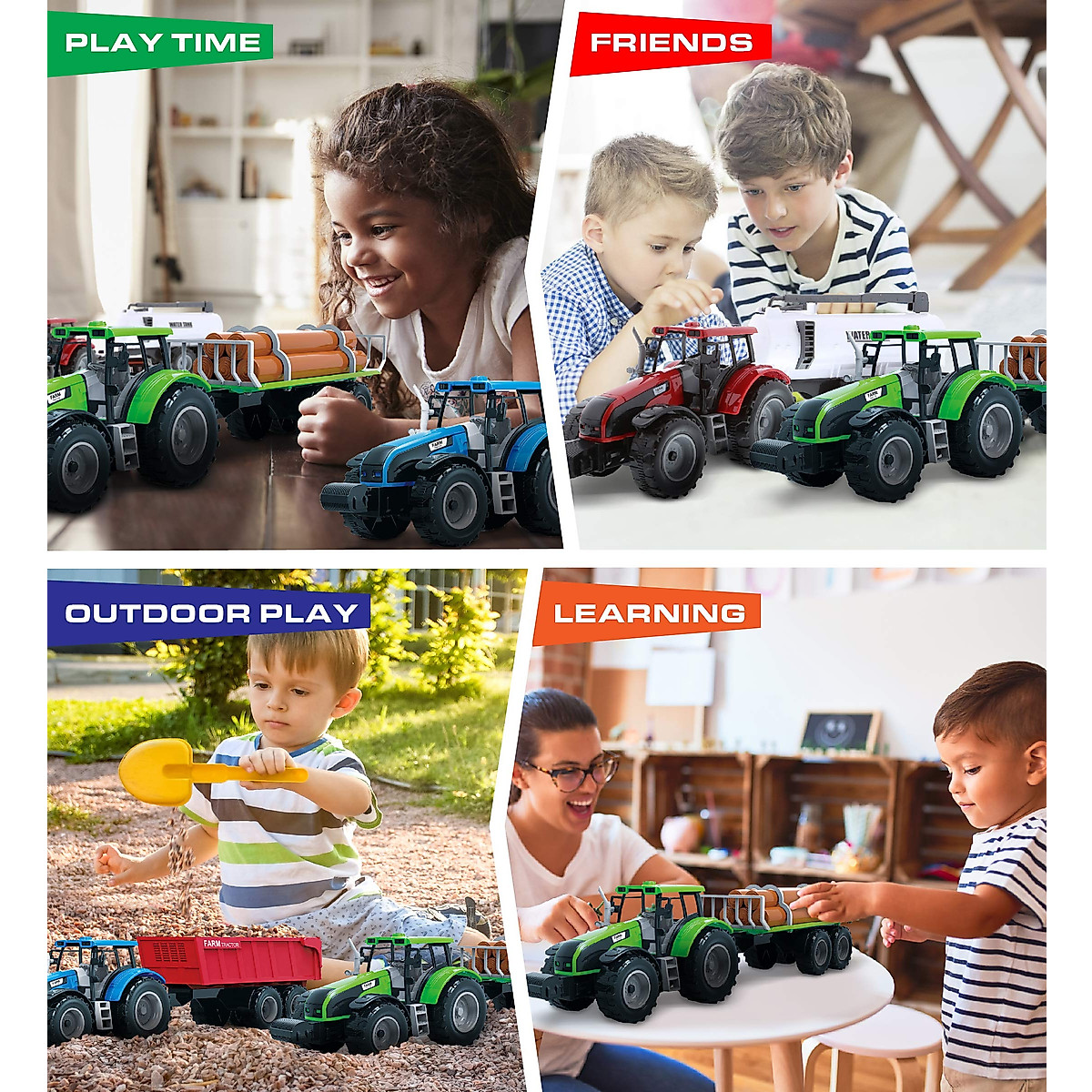 Mozlly Friction Powered Farm Tractor Trailer Toy Set - 16-inch Tractor Trailer Toys for Boys and Girls, Red Water Tank, Blue Farm Tractor, and Green Log Truck Toy, Farming Tractors Playset (3 Sets)