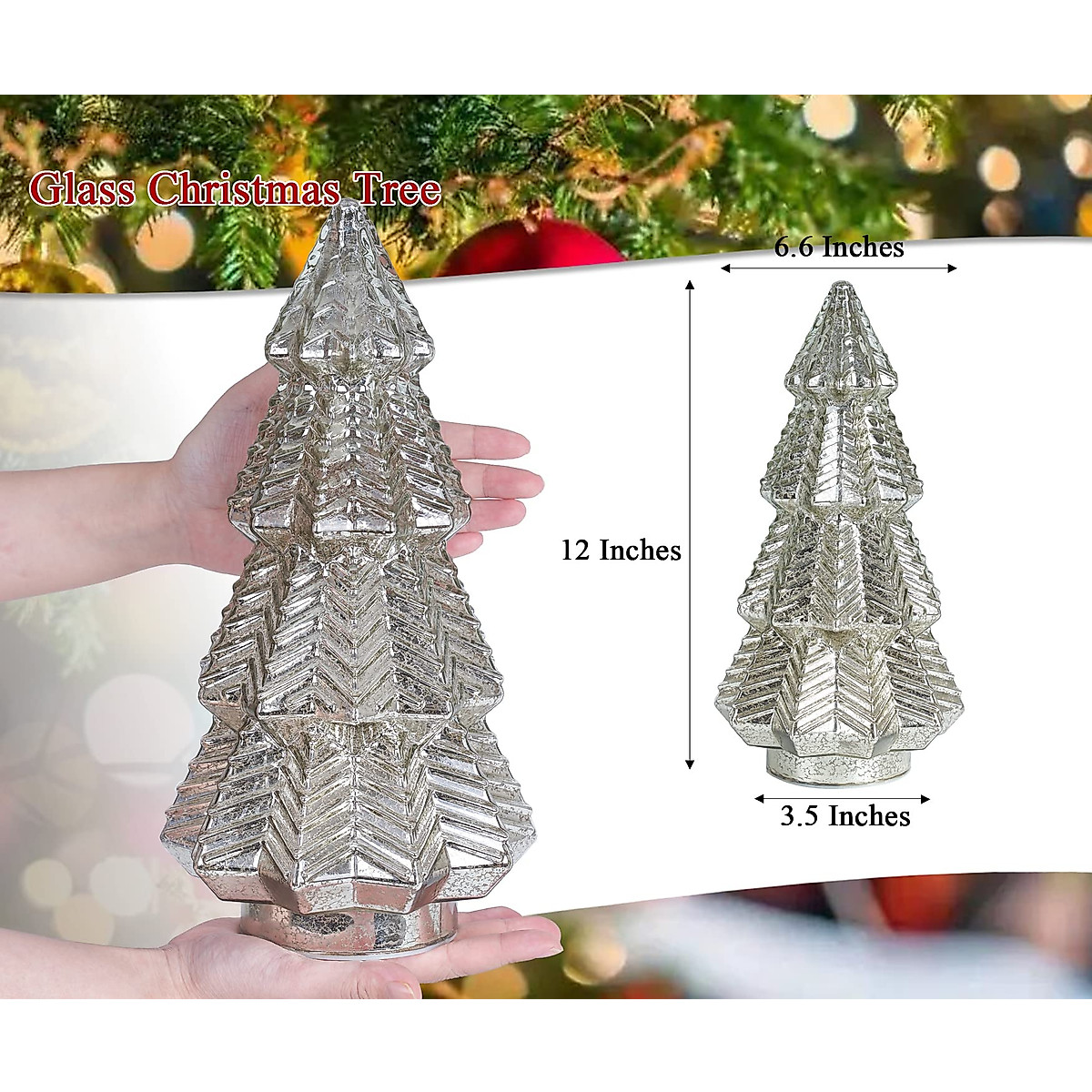 Lamris Tabletop Christmas Tree Timer Lighted 12 Inches Silver Mercury Glass Xmas Trees Decorations Table Centerpiece Mantel Window Home Decor