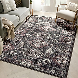 Castage Black Rug 3’x5’ Washable Area Rugs for Bedroom Living Room Kitchen Entryway Bathroom Boho Small Vintage Aztec Distressed Laundry Room Red Carpet Soft Non Slip