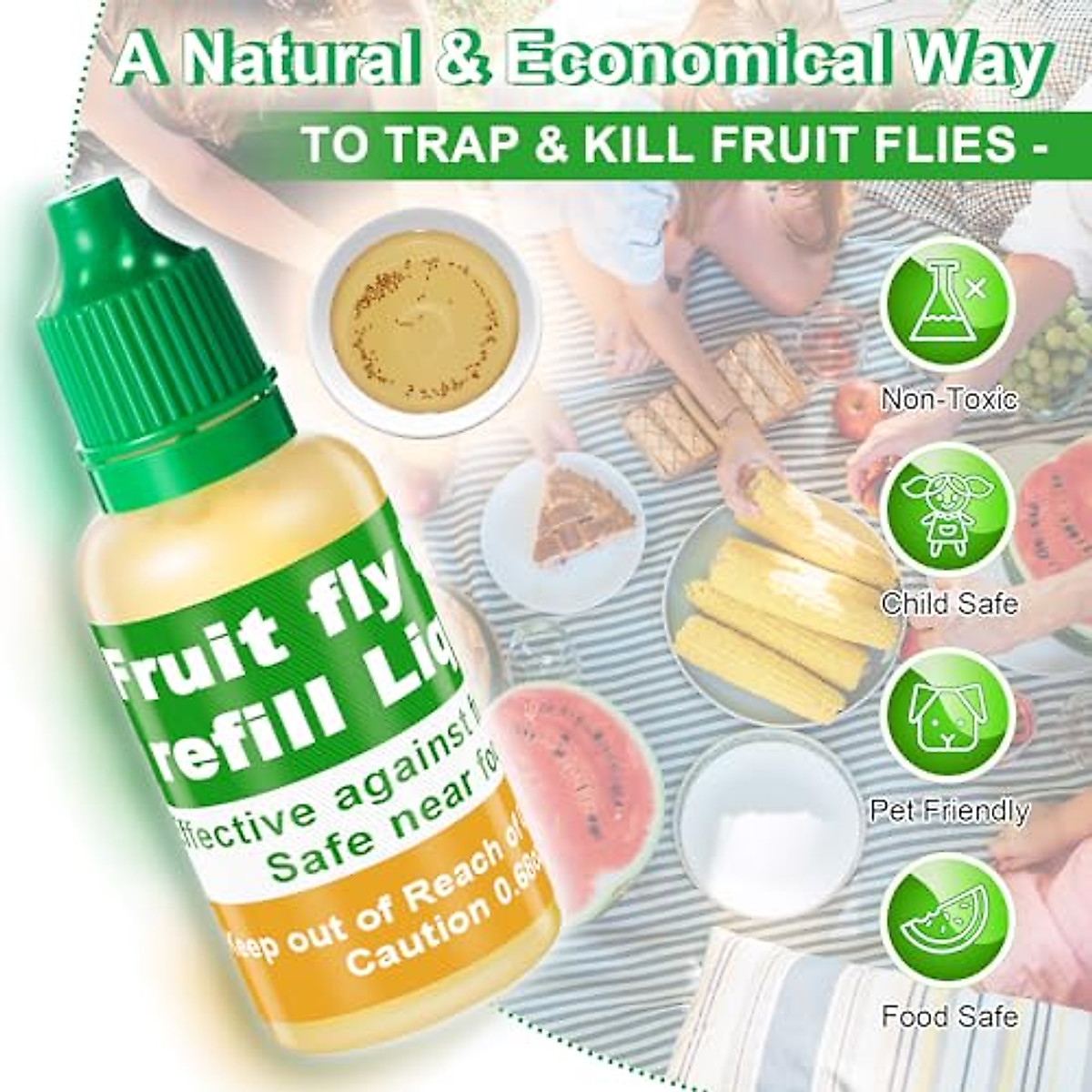 Qualirey 12 Pack Fruit Fly Trap Refill Liquid, 0.68oz Per Bottle Liquid Fly Traps for Indoors, Non Toxic Bait Safe Near Pets, Food and Kids, Fruit Fly Lure Refill Liquid Trap for Home Kitchen