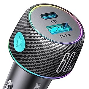 USB C Car Charger, 60W 2-Port Super Fast Car Charger Adapter, JOYROOM PD 30W & QC 30W & PPS 25W Fast Car Charger for iPhone 14/13/12, iPad Pro, Samsung Galaxy S22/21/Pixel 7/Moto/LG,7 Color Modes
