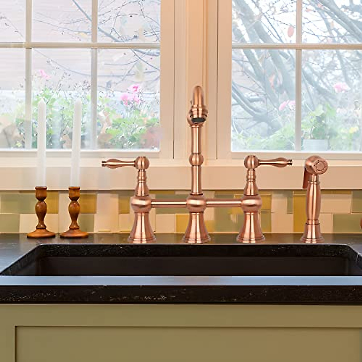 Two-Handles Copper Bridge Kitchen Faucet with Side Spray - 5 Years Warranty …