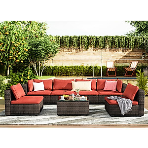 Grezone Patio Furniture Set 7 Piece Outdoor Wicker Sectional Sofa - All Weather PE Rattan Couch Conversation Set with Cushion & Glass Top Table for Backyard Deck Porch,Red