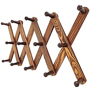 AITUFIY Expandable Coat Rack Hanger Wooden Accordion Wall Mounted Retro Wood Hat Rack 14 Pegs Hooks Hang Jacket,Coffee Mugs,Caps,Leash,Towel,Belt,Umbrella,Scarf,Bag (Carbon Brown)