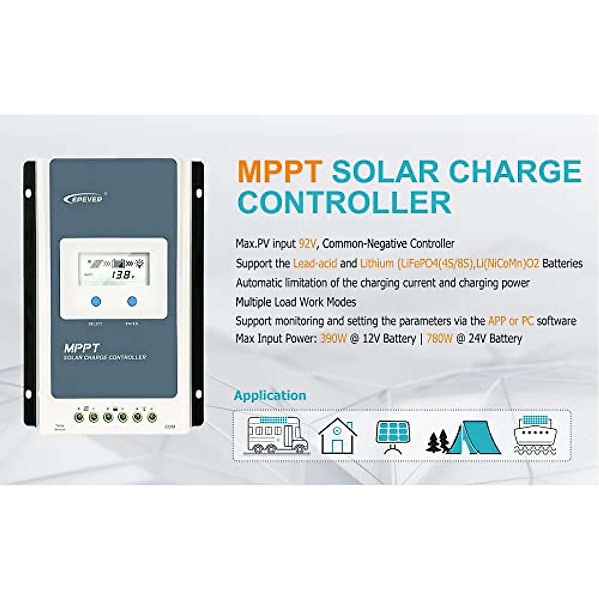 EPEVER MPPT 30A Solar Charge Controller, 30 Amp Solar Charge Regulator Mppt 12V/24V Auto Max 100V Input Negative Grounded Controller with LCD Display for Gel Sealed Flooded Lithium Battery Charging