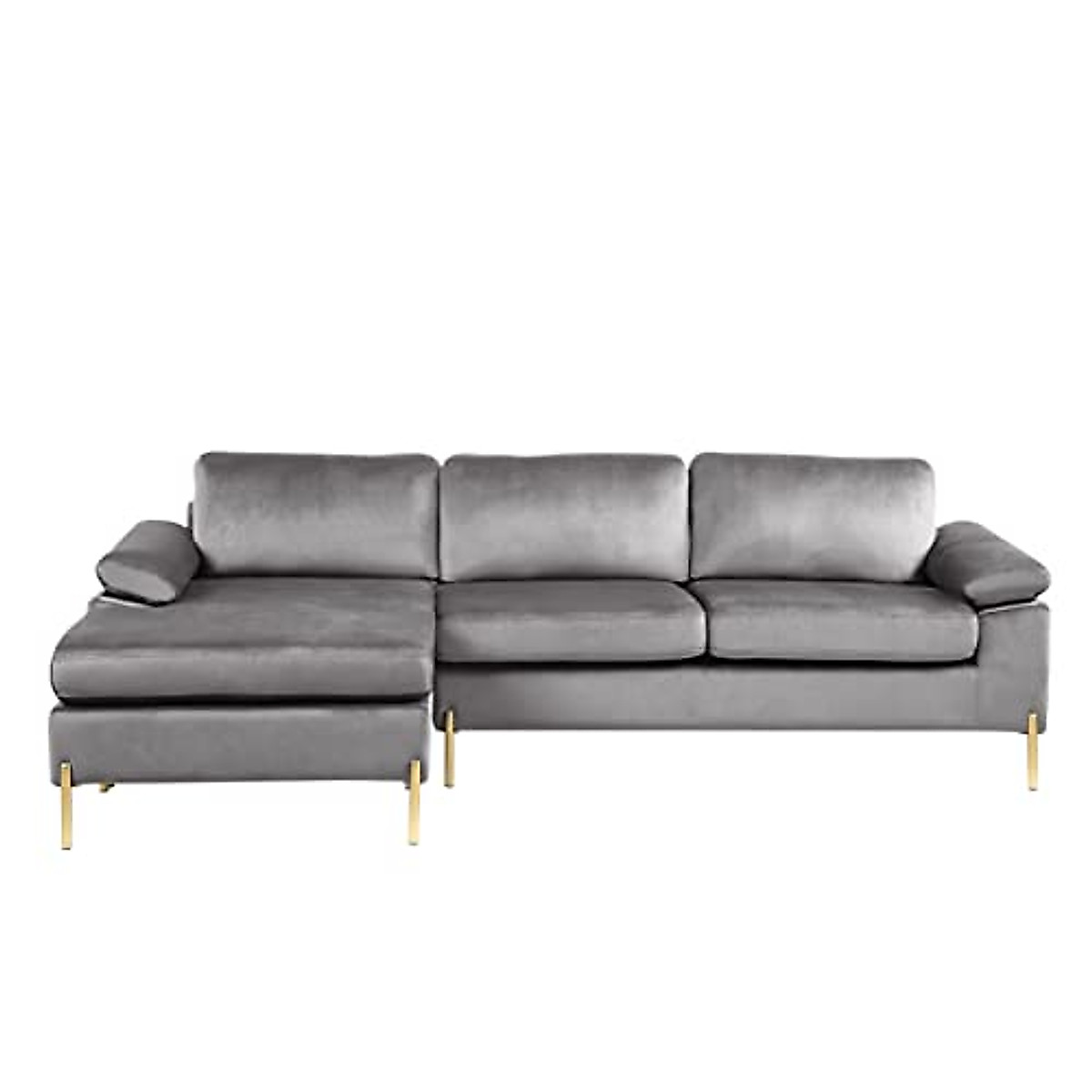 Prohon L-Shaped Sectional Sofa with Velvet Chaise & Gold Metal Legs, Mid-Century Style Modular Couch w/Removable Pillow Arms and Back for Living Room, Bedroom, Office, Gray