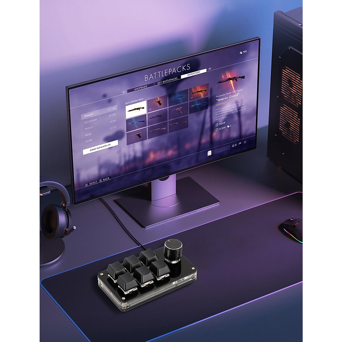 Dioche USB Mini 6Key Keypad Mechanical Programmable Gaming Keyboard Portable One Handed Mechanical Keyboard Shortcut Programmable Keyboard with Knob for PC Gamer(Full Black)