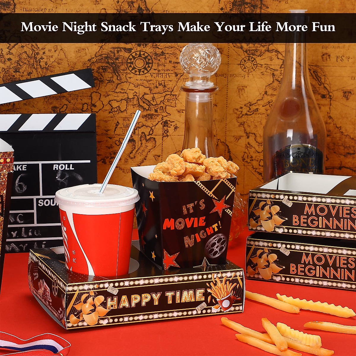 36 Pcs Movie Night Snack Trays Movie Theater Snack Boxes Movie Night Supplies Disposable Paper Snack Holder Kid's Movie Trays for Popcorn Food Candy Drink Party Family, 8 x 6 inch (Cute Pattern)