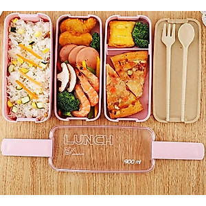 LETSKAB 2-Piece 3-in-1 Compartment Wheatgrass Bento Lunch Box Stackable lunch containers Leak Proof Eco-Friendly Adult Meal Prep Lunch box Container (Pink/Beige)