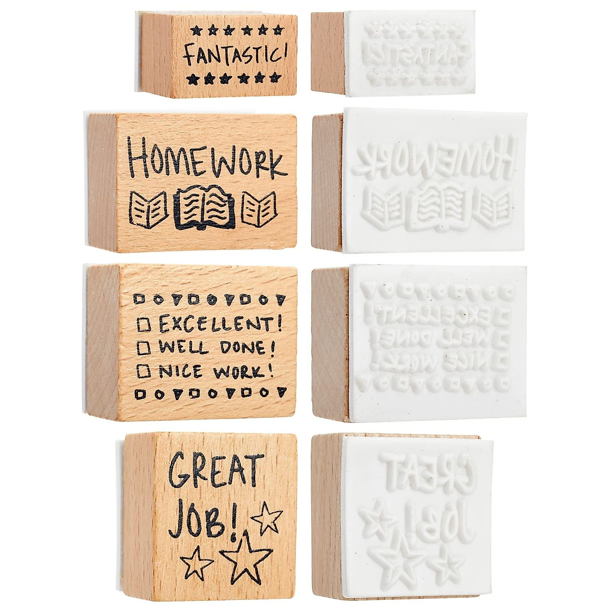 9 Piece Set of Wooden Rubber Teacher Stamps - Classroom Supplies for Grading Homework (Assorted Sizes)