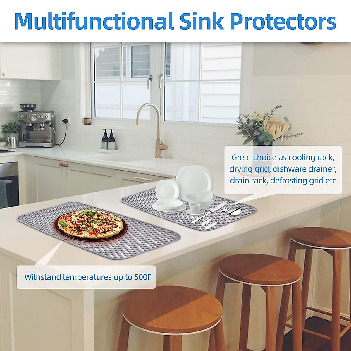 Eqivei Silicone Sink Protectors for Kitchen, 26''x 14'' Heat Resistant Kitchen Sink Mat for Bottom of Stainless Steel/Porcelain Sink,Rear Drain, No-Slip Sink Grid Accessories