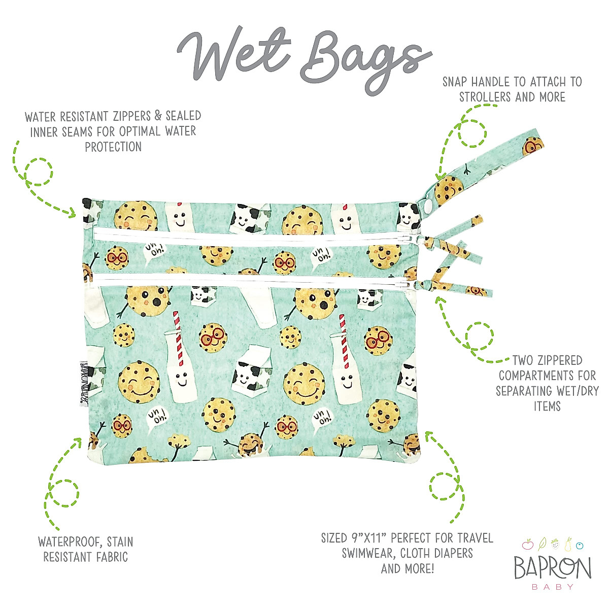 BapronBaby Cookies & Milk Wet Dry Bag - Waterproof Two Zipper Pockets - Reusable for Mealtime, Diapers, Stroller, Snacks, Swimsuits - Machine Washable - 11" x 9"