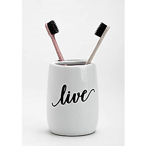 Adavas.Y&G Bathroom Accessory Sets with Sweet Quotes, Durable Ceramic Set W/Toothbrush Holder,Soap Dispenser,Tumbler, Soap Dish,Great for Farmhouse Decor (White 1)