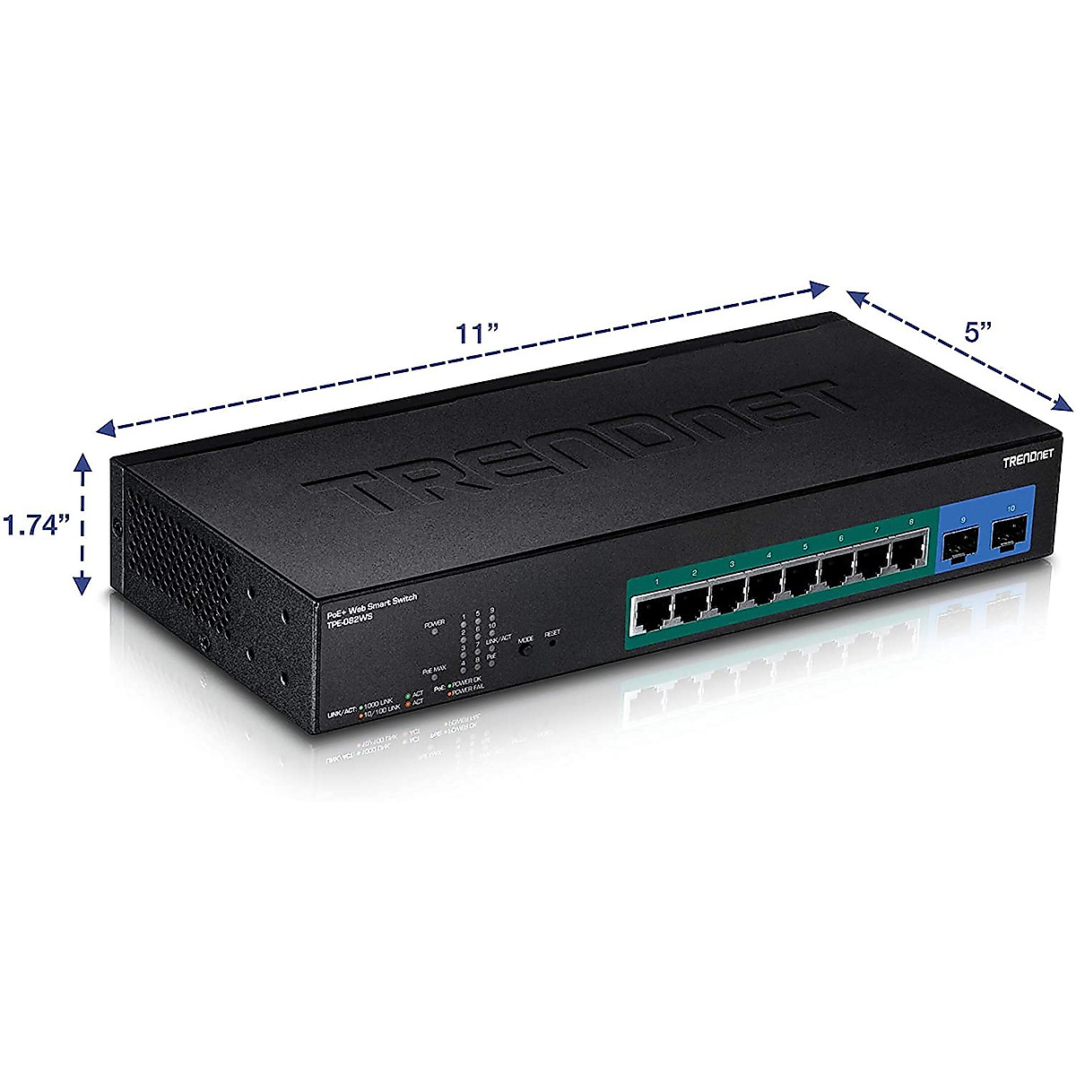 TRENDnet 10-Port Gigabit Web Smart PoE+ Switch, 8 x Gigabit PoE+ Ports, 2 x SFP Slots, Vlan, QoS, IPv6 Support, 20Gbps Switching Capacity, 75W PoE Power Budget, Lifetime Protection, Black, TPE-082WS