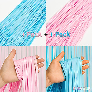Pink and Blue Party Photo Backdrop - GREATRIL Foil Fringe Tinsel Streamers for Boy or Girl/Pastel/Easter/Birthdays Party Decoration - 3.2ft X 8.2ft - 2 Packs
