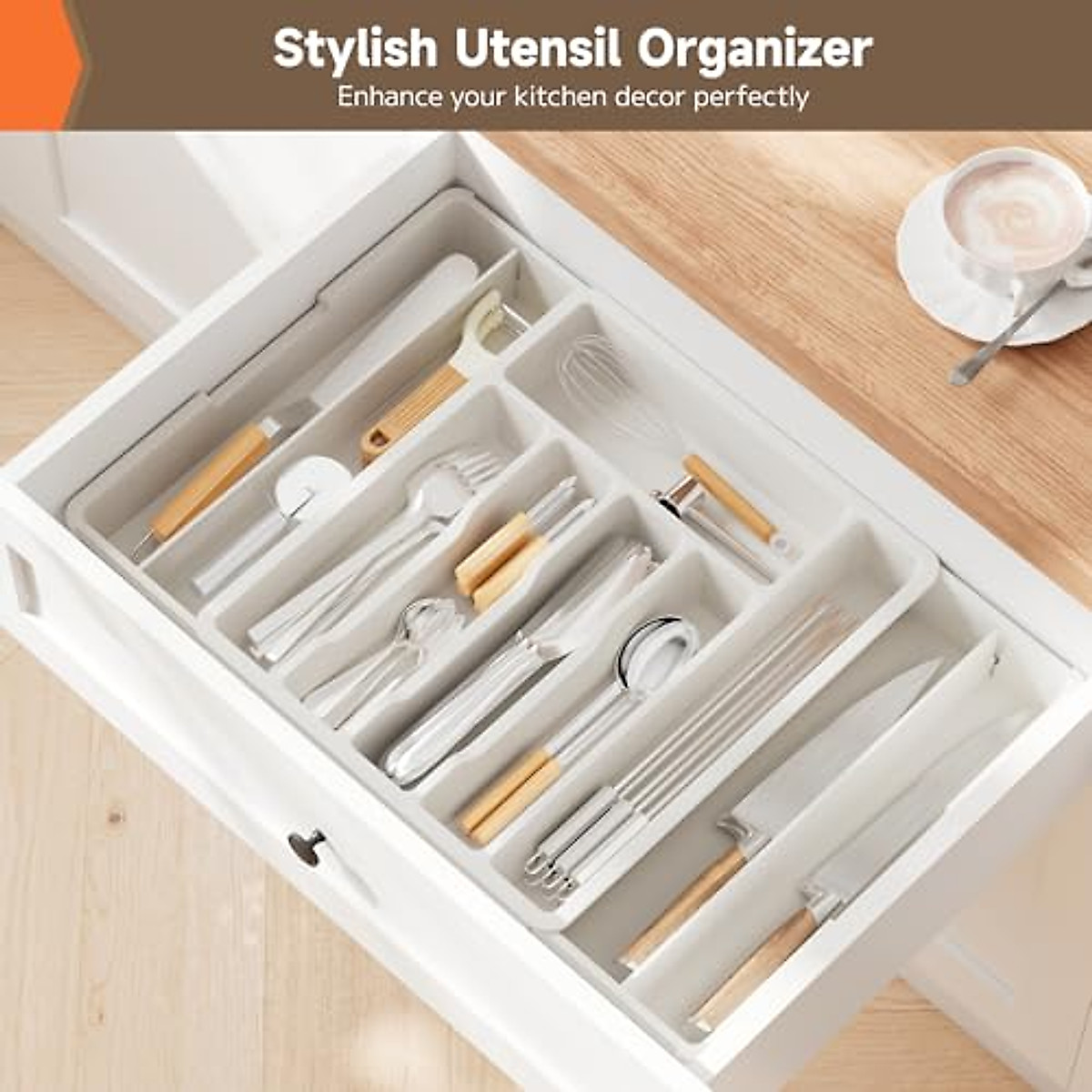 KreuRaxy Expandable Silverware Cutlery Utensil Organizer Tray for Kitchen Drawers, 13 to 22.8 Inch Adjustable Design with 2 Divider, Flatware Tableware Tray for Spoon Spatula Forks, Large, White