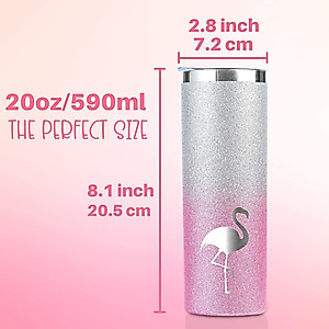 Onebttl Flamingo Skinny Glitter Tumbler Gifts For Women, Female, Her and Flamingo lovers - 20oz/590ml Stainless Steel Insulated Tumbler with Straw, Lid, Message Card - (Pink Sliver Gradient)