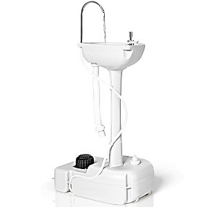S AFSTAR Portable Camping Sink, Hand Wash Basin Stand w/ 17L Water Tank & Soap Dispenser, Rolling Hand Washing Station w/Towel Holder & Foot Pump, for Garden, Outdoor Sink Hand Wash Station