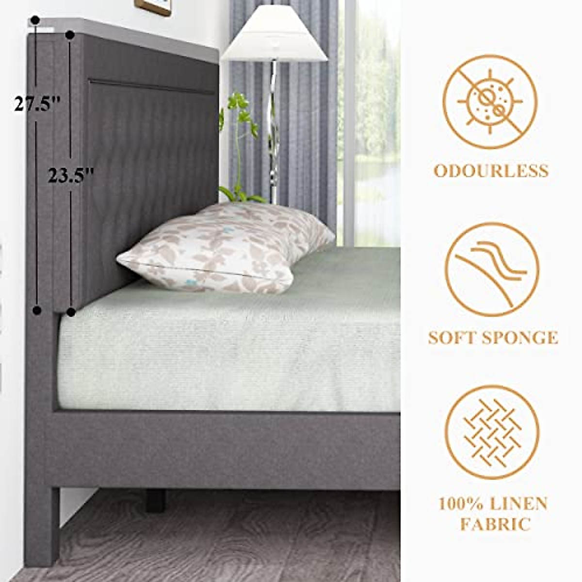 Benevika Queen Size Upholstered Platform Bed Frame with Linen Fabric Button Tufted Headboard, Wood Slat Support, Upholstered Mattress Foundation, No Box Spring Needed, Easy Assembly, Grey