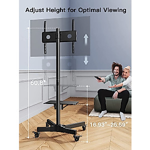 PERLESMITH Mobile TV Cart with Wheels for 23-60 Inch LCD LED OLED Flat Curved Screen Outdoor TVs Height Adjustable Shelf Floor Stand Holds up to 55lbs Monitor TV Holder with Tray Max VESA 400x400mm