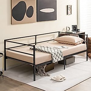 GOFLAME Metal Daybed Frame Twin Size, 2-in-1 Multifunctional Sofa Bed Frame with Headboard & Heavy-Duty Steel Slats, Mattress Foundation Platform for Living Room, Guest Room, Bedroom, Easy Assembly