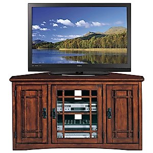 Leick Home 82385 Solid Wood Mission Corner TV Stand for 50" TVs, Living Room Entertainment Center with Three Doors and Storage Shelves, Mission Oak