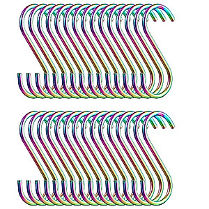 Evanda Rainbow S Hooks for Hanging Pack of 30, Heavy Duty Stainless Steel Titainium Plating Metal Mutil Purpose Hanger for Kitchen Pans, Pots, Utensils Tooks, Cups, Mugs, Clothes, Bags, Towels, Plants