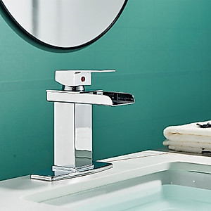 Mosson Waterfall Brass Bathroom Faucet Single Handle 1 or 3 Hole Bathroom Sink Faucet Chrome Washbasin Faucet with Deck and Water Supply Hoses