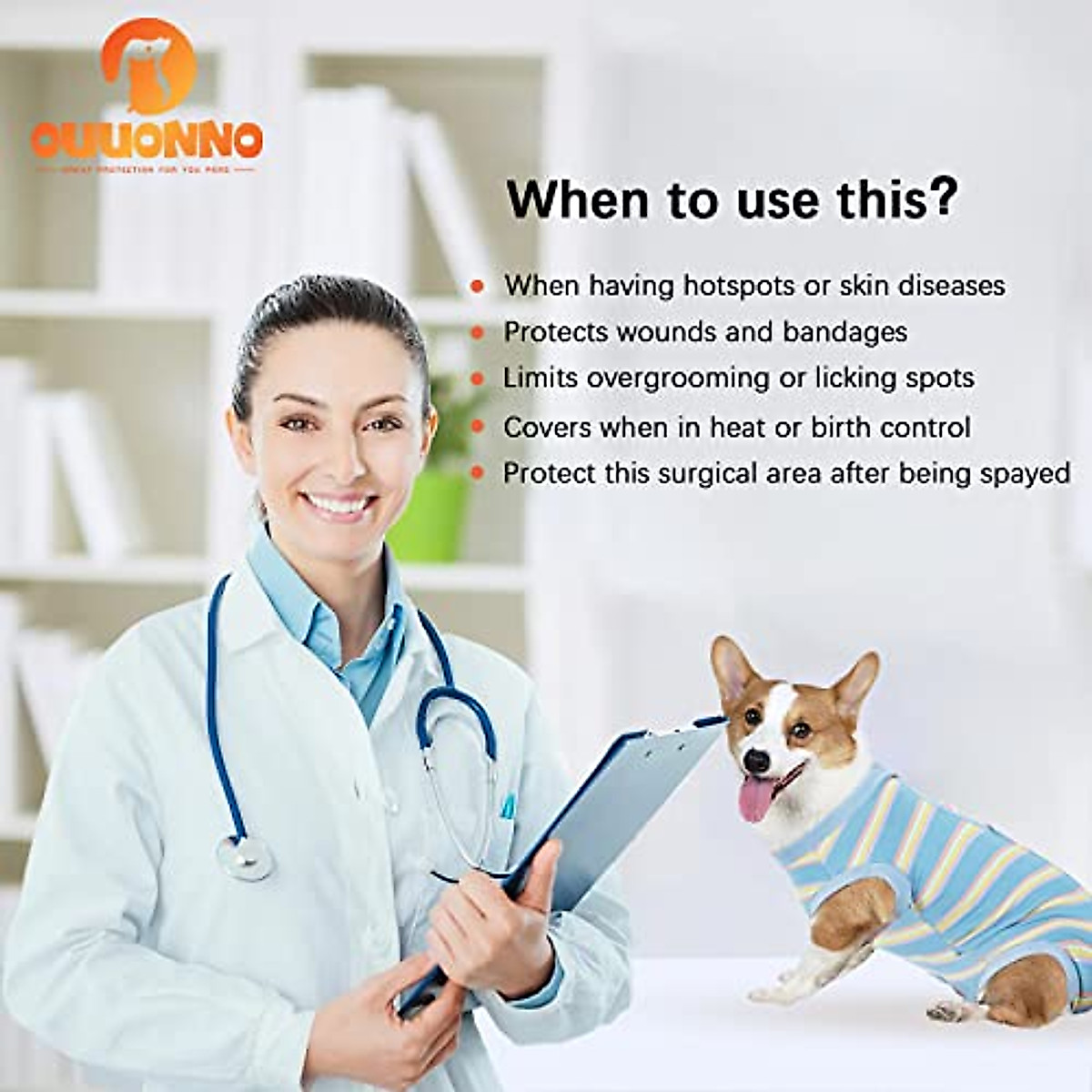 oUUoNNo Dog Recovery Suit,Dog Surgical Suit for Abdominal Wounds,Dog After Surgery Substitution Dog Cone & E-Collar,Prevent Licking Dog Onesies Pet Surgery Recovery Suit (L, Blue)