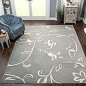 SUPERIOR Indoor Large Area Rug with Jute Backing, Shabby Chic Floral Decor, Perfect for Living Room, Bedroom, Hardwood Floors, Dorm, Office, Entry, Kitchen, Vine Collection, 5' x 8', Grey