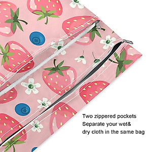 Kigai 2pcs Wet Dry Bags for Baby Cloth Diapers Strawberry Pattern Waterproof Reusable Wet Bag with Two Zippered Pockets Swimsuits & Wet Clothes Organizer for Travel Beach Pool Daycare Yoga Gym