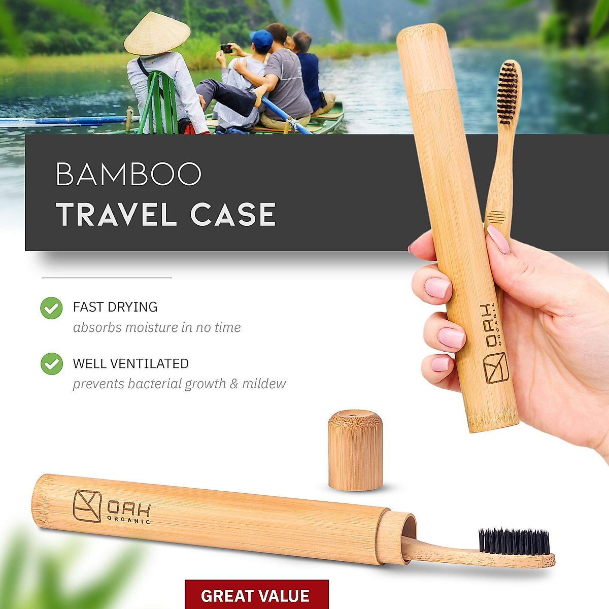 OAK ORGANIC Charcoal Toothbrush – Get Sparkling Clean Teeth – Natural Soft Bamboo Charcoal Toothbrush with Travel Case – Biodegradable Wooden Eco Toothbrush – 4 Set - EARTH, AIR, FIRE, WATER