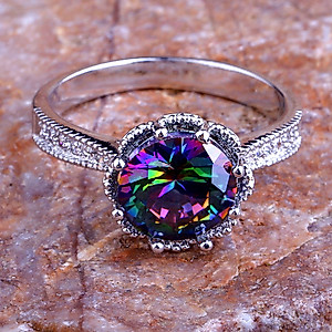 Psiroy Women's 925 Sterling Silver Created Rainbow Topaz Filled Soliatre Engagement Ring Size 7