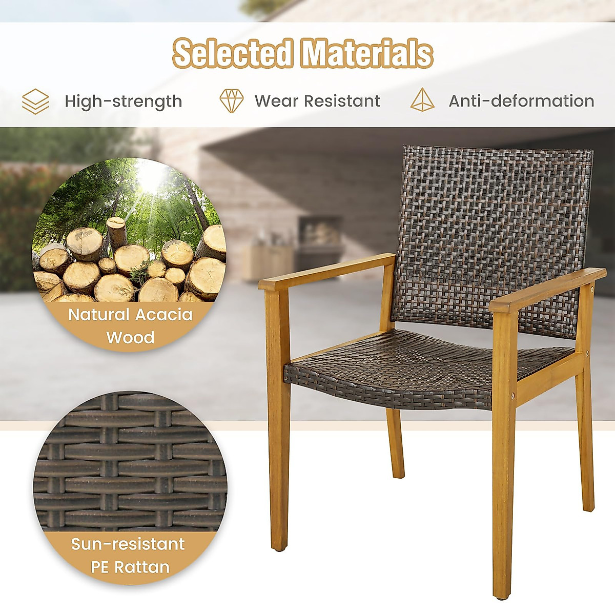 Tangkula Patio Dining Chairs Set of 4, Outdoor Acacia Wood & PE Wicker Chairs with Armrests, Outdoor Rattan Armchairs for Garden, Backyard, Poolside, Balcony (Mix Brown)