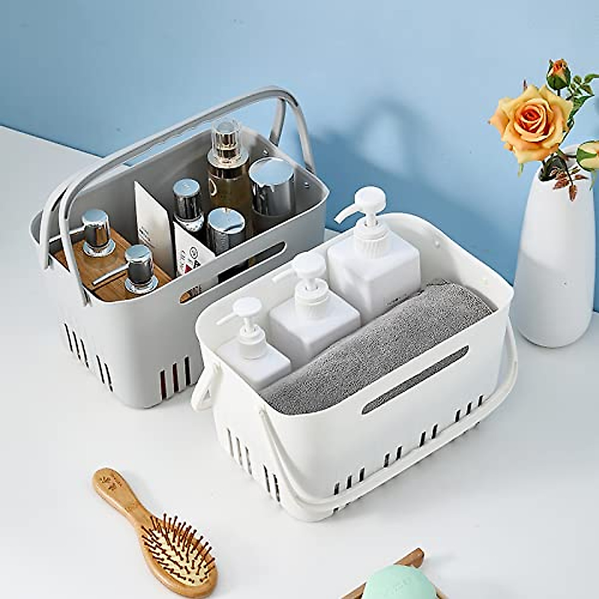 3 Packs Portable Plastic Storage Baskets,Eyluck Plastic Organizer Storage Baskets with Handles,Shower Caddy Basket Organizer Bins for Kitchen Bathroom-11 x 7.7 x 6.2 Inch ,White