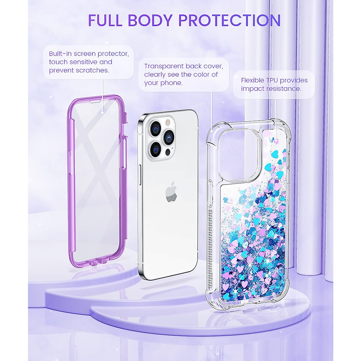 Caka for iPhone 14 Pro Max Case Glitter for Girls Women with Built-in Screen Protector Liquid Quicksand Protective Shockproof Full Body Phone Case for iPhone 14 Pro Max 6.7’’ Blue Purple