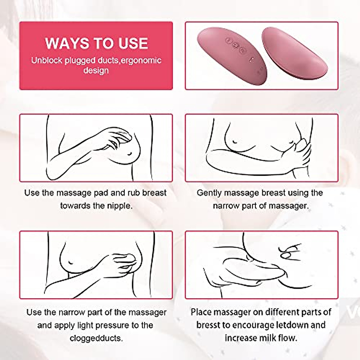 HAYAEN Heating Lactation Mssager Vibrating Breast Massager 2 in1, 3 Adjustable Heating + 10 Vibration for Clogged Ducts,Breastfeeding Massager to Improve Milk Flow and Congestion (Pink)