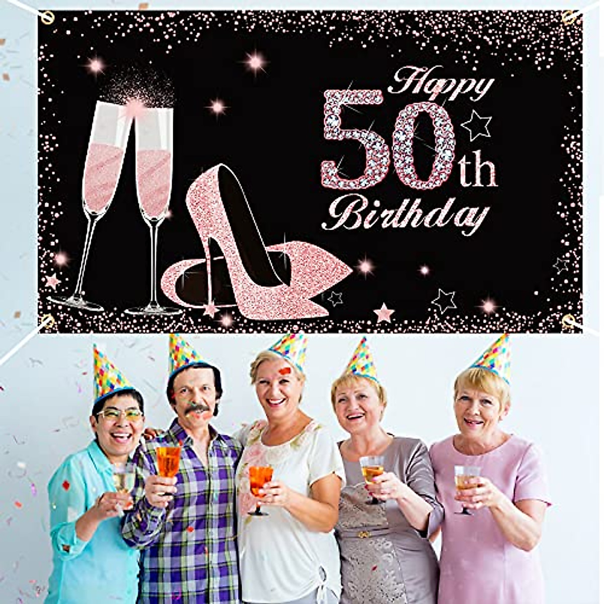Excelloon Happy 50th Birthday Banner Backdrop Decorations for Women, Rose Gold Happy 50 Year Old Birthday Party Poster Supplies Photo Props, Fifty Birthday Party Decor Sign (6 X 3.6ft)