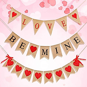 Valentine's Day Burlap Banner Set, Love And Be Mine Banners, Red Glitter Heart Banner Garland, Wedding Banner Set, Rustic Valentines Decor For Wedding Anniversary Engagement Party Decorations Supplies