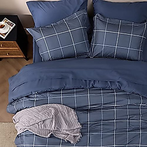 Bedsure Twin Comforter Set - 5 Pieces Navy Blue Grid Bedding Sets Twin Bed in A Bag with Comforters Twin Size, Sheets, Pillowcase & Sham, Bed Sets