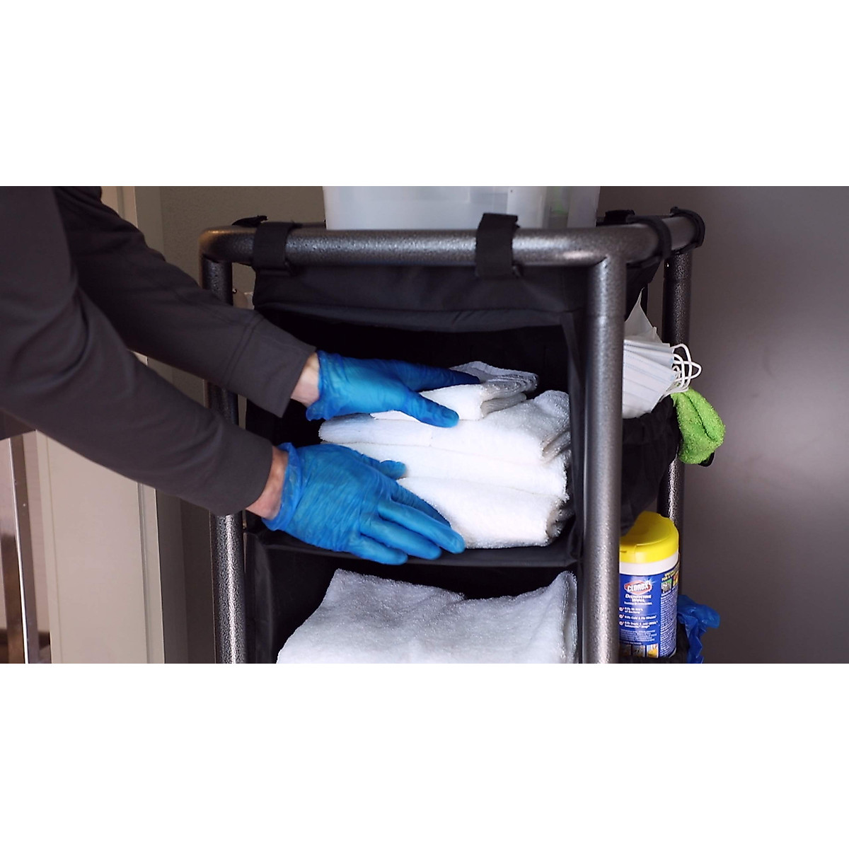 Housekeeping and Janitorial Cart with Rolling Wheels, Black Bag, Compact Steel Frame, Hammertone Finish